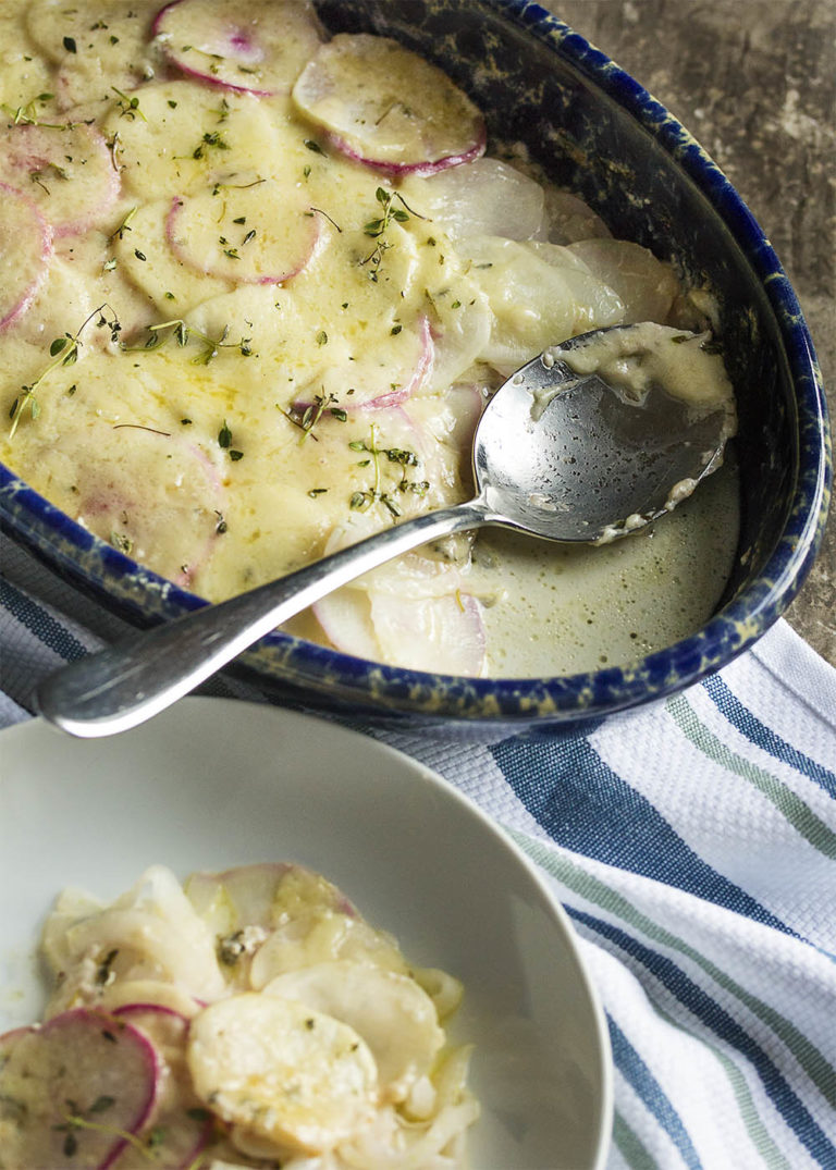 Simple Turnip Gratin with Gruyere Cheese - Just a Little Bit of Bacon