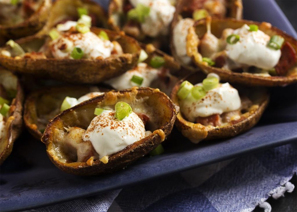 Crispy Potato Skins with Chorizo and Cheese - Just a Little Bit of Bacon