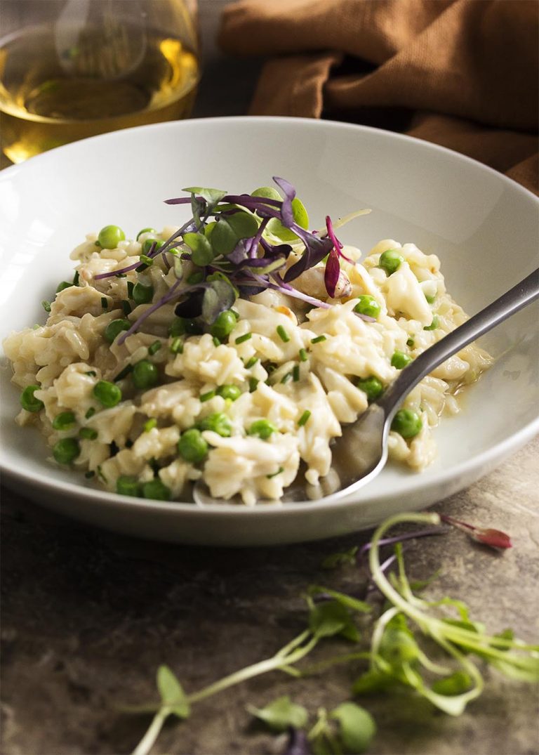 Crab Risotto with Mascarpone and Peas - Just a Little Bit of Bacon