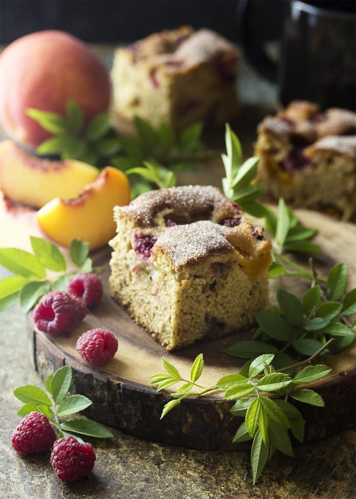 Easy Raspberry and Fresh Peach Cake - Just a Little Bit of Bacon