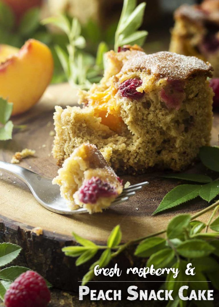 Easy Raspberry and Fresh Peach Cake - Just a Little Bit of Bacon