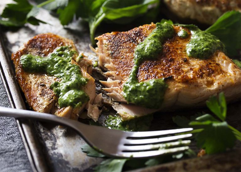 Crispy Seared Salmon with Green Sauce - Just a Little Bit of Bacon